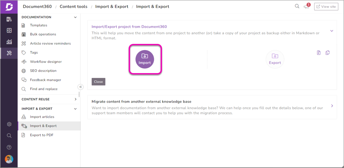 Import and Export Documentation within Document360